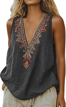 Generic Débardeur ample en lin avec col en V et broderie ethnique pour femmes et filles, E, 5XL