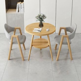 Generic Runder Empfangstisch Und 2 St&uuml;hle Im Set - Moderne Holzmaserung Mit PU-Ledersitzen for B&uuml;ro Oder Lounge(Light Chairs+Natural Wood Table)
