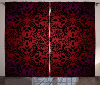 Abakuhaus rot schwarz Rustikaler Gardine, Orient Blumen Blätter, Schlafzimmer Kräuselband Vorhang mit Schlaufen und Haken, 280 x 225 cm, Schwarz Bordeauxrot