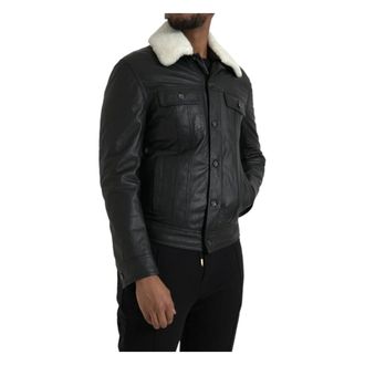 Dolce & Gabbana Homme, Vestes, Noir, Taille: S Veste de Motard en Cuir Noir avec Col en Fourrure