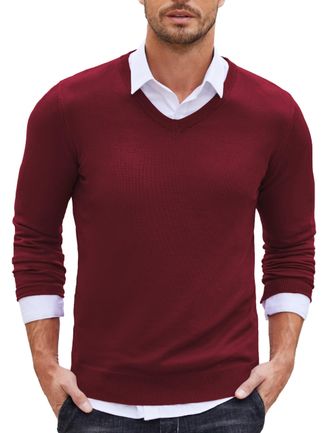Coofandy Herren Pullover V Ausschnitt Feinstrick Slim Fit Pulli Langarmshirt Strickpullover Basic Sweater Fall Tops Rotwein M