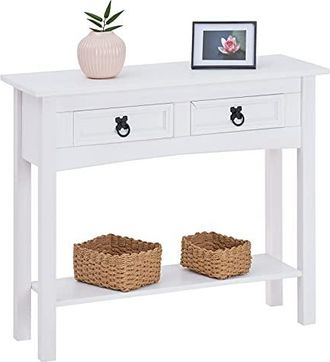 IDIMEX Console Rural Meuble Style Mexicain avec 2 Tiroirs et 1 Étagère, Table Console Blanche Fabriquée en Pin Massif, Poignées en Métal, Finition Lasurée Bl