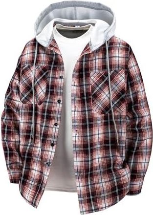 Generic Sweat &agrave; capuche uni 2026 pour homme - Chemise &agrave; carreaux ample boutonn&eacute;e en flanelle &eacute;l&eacute;gante - Manches longues - Automne 2025 - D&eacute;contract&eacute; avec poit