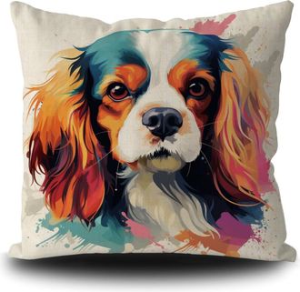 Generic Kissenbezug Niedliche Cavalier King Charles Spaniel Hund Bunte Malerei Hund Welpen Kunst Kuschelig Kopfkissenbezug Weich Kissenschoner F&uuml;r Wohnzimmer 