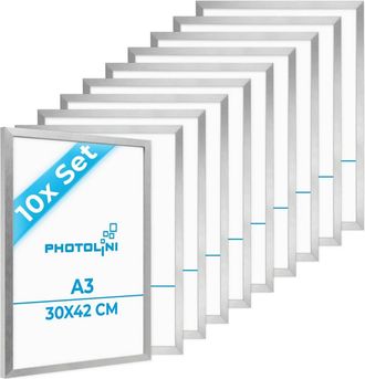 Photolini Bilderrahmen A3 Holz MDF Silber, 10er Set A3 Bilderrahmen 30x42 Holz MDF, DIN A 3 Rahmen mit Acrylglas, Picture Frame 42x30 zum Aufhängen, Rahmen 42 x