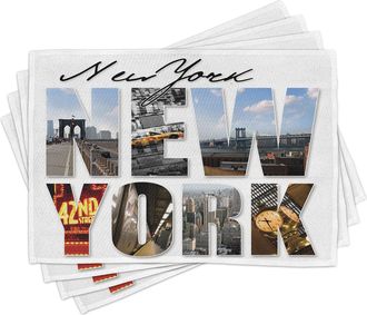 Abakuhaus New York Platzmatten, New York Collage, Waschbare Stoff Esszimmer Küche Tischdekorations Digitaldruck, Weiß Blau Grau