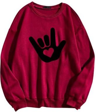 Generic Sweat-shirt &agrave; capuche &agrave; manches longues et col rond imprim&eacute; &laquo; I You Gesture &raquo; pour femme, Rouge, XXL