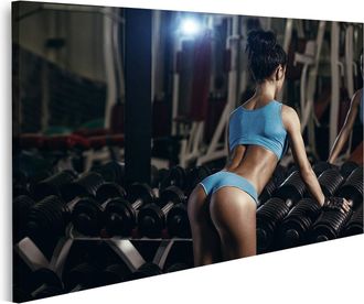 Islandburner Bild auf Leinwand Rückansicht Brunette Sexy Fitness Girl Posing Gym Blue Sport Wear Perfect Body Wandbild Leinwandbild Bilder für Wohnzimmer GAUK-1P