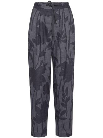 Brunello Cucinelli pantalon en lin &agrave; fleurs - Gris