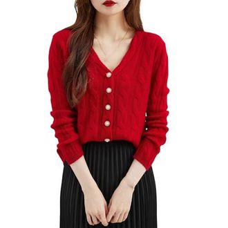 Generic Y2k Cardigan dhiver en laine m&eacute;rinos pour femme avec col en V et tricot doux, Rouge, Taille L