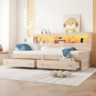 Merax Tagesbett Holzbett 90x200, Multifunktionsbett mit USB-Steckdose, LED Beleuchtung&2 Schubladen&Ablagef&auml;chern, Einzelbett Jugendbett Bettgestell G&auml;stebe