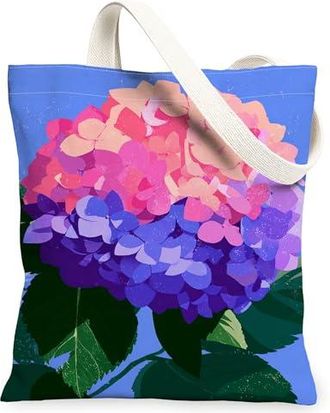 Generic Sacs fourre-tout en toile florale, motif hortensia, sacs d&eacute;picerie r&eacute;utilisables, l&eacute;gers et lavables avec bandouli&egrave;re en toile pour les voyages &agrave; lext