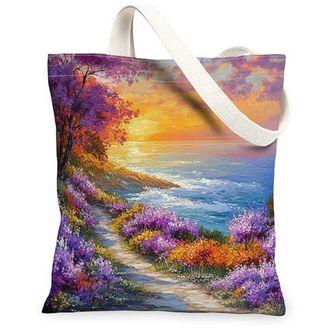 Generic Sac fourre-tout en toile lilas printanier pour le shopping, 33 x 38,1 cm, motif floral, arbre de mer, sac d&eacute;picerie r&eacute;utilisable pour femme, peinture 
