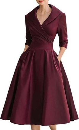 Generic Robe midi &eacute;l&eacute;gante &agrave; col en V pour femme - Manches longues - Robe de soir&eacute;e formelle fronc&eacute;e avec poches, bordeaux, XXL