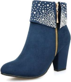 Generic Bottines Femme Strass Bout Rond Talons Carrés Fermeture Côté Confortables Enfilables Élégantes Soirée Fête Bal Chaussures,Bleu,38.5 EU