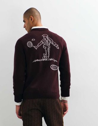 Lacoste Tennis Heritage Pullover mit R&uuml;ckengrafik, Jacquard und Wollmix, Rundhalsausschnitt, burgunderrot