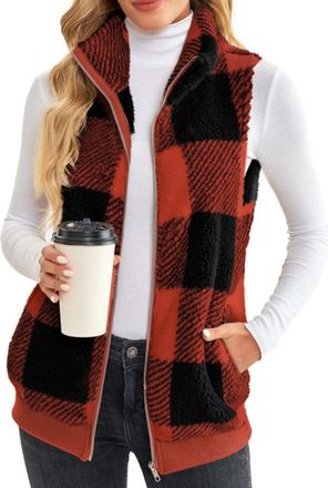 EUDOLAH Damens Fleece Weste mit Rei&szlig;verschluss im Karo-Muster Warme Steppweste mit Stehkragen in Langer Weiter Passform f&uuml;r Winter und Freizeit(XXL,Rot)