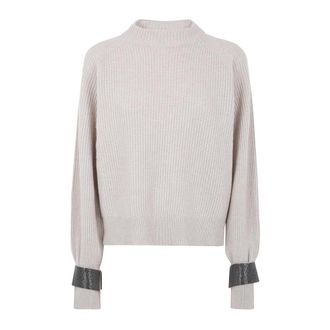 Brunello Cucinelli Gerippter Pullover mit Stehkragen und verzierten B&uuml;ndchen - - Knitwear - Damen - Beige - S