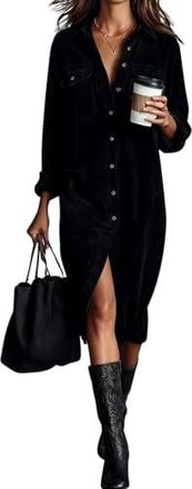 Generic Robe chemise midi boutonnée en velours côtelé pour femme, robe midi décontractée à manches longues, col en V boutonnée, Noir, XXL