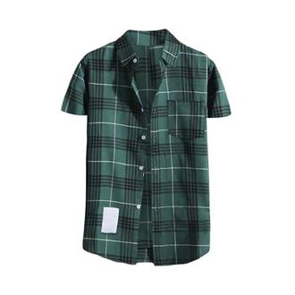 Generic Chemise &agrave; manches courtes pour homme, chemise &agrave; carreaux grande taille, chemise d&eacute;t&eacute; l&eacute;g&egrave;re, haut &agrave; carreaux &agrave; revers respirant, haut boutonn&eacute; r&eacute;tro, 