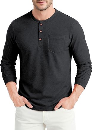 Magcomsen Henley Shirt Langarmshirt Herren Baumwolle Longsleeve Oberteil Atmungsaktiv Arbeit Casual Basic Shirt Schwarz 3XL