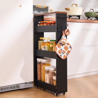 Generic Schmaler Rollwagen 3/4-stöckig Rahmen Aus Karbonstahl 13cm Küchenregal mit Holzbrett Badezimmeraufbewahrung für Küche, Wäsche und Enge Stellen(Black,4