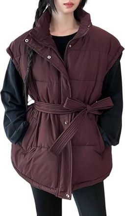 Generic Gilet bouffant sans manches &agrave; col montant et fermeture &eacute;clair avec ceinture et ceinture pour femme, rouge vin, L