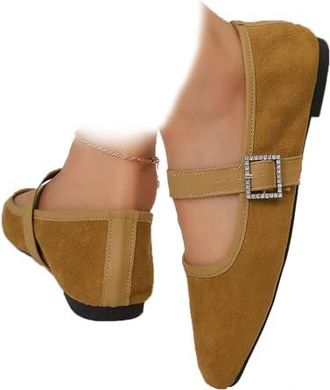 Generic Chaussures Mary Jane en daim pour femme - Style rétro élégant - Bout carré - Avec boucle réglable en strass, marron, 35.5 EU