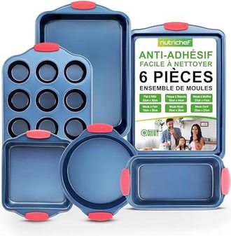 Nutrichef NutriChef Moules &agrave; P&acirc;tisserie, Lot de 6 Pi&egrave;ces avec Poign&eacute;es en Silicone R&eacute;sistantes &agrave; la Chaleur, Plaques de Cuisson Antiadh&eacute;sifs en Acier au Carbone