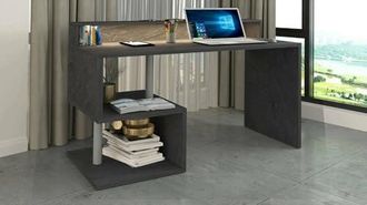 Dmora Schreibtisch Alain, Linearer Schreibtisch mit Ablagefächern und LED-Leuchten, Mehrzweck-Büroschreibtisch mit Platte, 140x60h93 cm, Schiefer