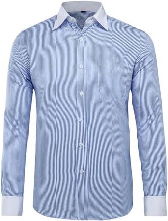 AlltheMen Chemise Homme Casual Manches Longues Col Montant Slim Fit Chemise Printemps Automne Bleu (Rayures Droites) XXL