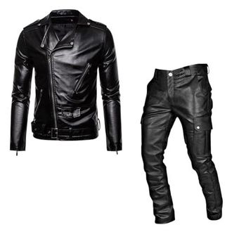 Generic Vestes en cuir synthétique pour homme, revers de moto asymétrique, fermeture éclair, coupe ajustée, manteau de motard 2025, veste et pantalon, vêtemen