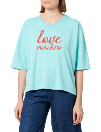 Love Moschino Oversize fit Short-Sleeved top in 100% Shaved Cotton, 14 Gauge, with Italic Logo Jacquard Intarsia on The Front