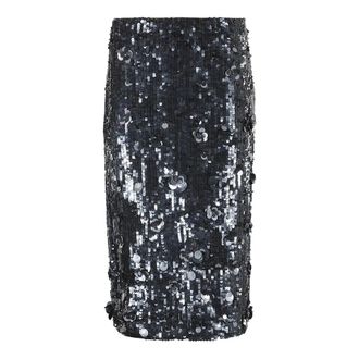 P.A.R.O.S.H. P.a.r.o.s.h., Femme, Jupes, Bleu, Taille: 38 FR Jupe Midi &agrave; Sequins Bleus avec Appliqu&eacute;s Floraux