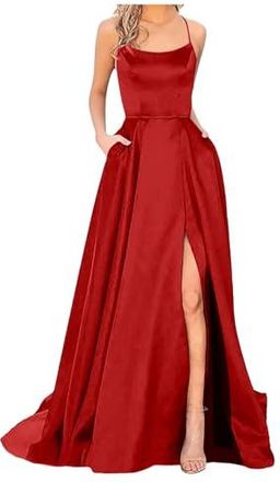 Generic Robe Cocktail Femme Mariage - Robes De Bal Dames Longues Femmes Élégantes Dos Robes LonguesCrisn Satin Spaghetti Robe De Bal Fente Latérale Robe De So