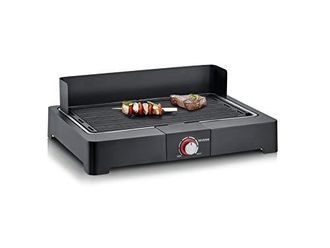 Severin Barbecue électrique 2 200 W avec grille en fonte daluminium, Barbecue de table avec pare-vent amovible, eBBQ avec bac à eau pour utilisation en intéri