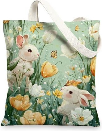 Generic Sacs fourre-tout en toile florale, adorable motif lapin, sacs dépicerie réutilisables, légers et lavables, sacs en toile pour, Vert, 13x15 Inch