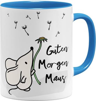 OM3 Guten Morgen Maus Tasse mit Spruch Statement - Keramik Becher - 325ml - Beidseitig Bedruckt - Hellblau