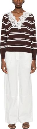 Ermanno Scervino Femme, Pulls, Multicolore, Taille: 38 FR Pull en maille &agrave; col V et applications de dentelle ray&eacute;es