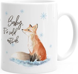 Autiga Tasse Weihnachten Baby its cold outside Spruch Fuchs Winter Schnee Fox Weihnachtsbecher Weihnachtstasse wei&szlig; unisize