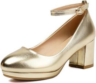 Generic Escarpins Rétro Femme Bout Rond Style Mary Jane en Cuir Métallisé Bride Cheville avec Boucle Talons Carrés Moyens Chaussure Habillée Élégante,dor,42.5