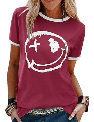 Heekpek T Shirt Femme Tee Shirt Haut Top Ete T-Shirts &agrave; Manches Courtes Chemises D&eacute;contract&eacute;es en Coton &agrave; Col Rond, Vin Rouge, L