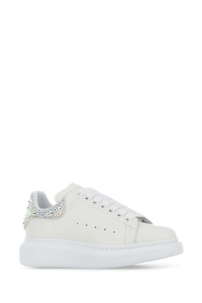 Alexander McQueen Womens White Leather Sneakers With Embellished Suede Heel Whitewhitecrystal