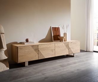 DELIFE Lowboard Tereos 220 cm Eiche Natur 3D Effekt 4 T&uuml;ren Kufe Edelstahl geb&uuml;rstet, Lowboards