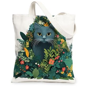 Generic Sac fourre-tout en toile motif chat bleu russe pour faire du shopping, 33 x 38,1 cm, sac d&eacute;picerie r&eacute;utilisable pour femme, joli motif de feuille pour