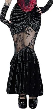 Feoya Jupe gothique mini/longue pour femme, plissée, dentelle, fendue, queue de poisson, punk jupe pour Halloween/streetwear/fête/décontracté XS-XL, Velours