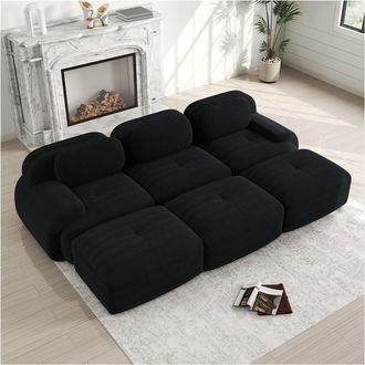 Generic Modulares Schlafsofa mit Ottomane, 3-Sitzer, modulares Cord-Sofa, ohne Montage, for Wohnzimmer, rahmenloses Sofa, mit gebogenen Armlehnen(Nero,3S+3)