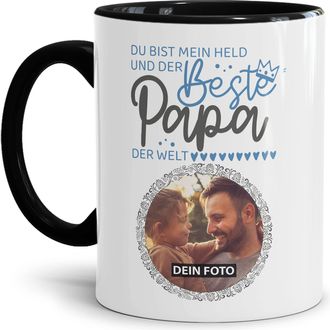 Tassendruck Tasse für Papa mit Foto Personalisieren - Papa Mein Held - Persönliches Geschenk für Papa, Vater Geschenkidee | Personalisiertes Geschenk, 300ml, Inne
