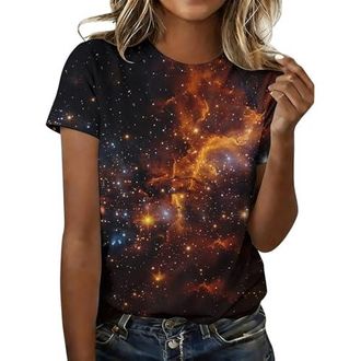 Generic T-shirt imprim&eacute; galaxie &agrave; manches courtes et col rond pour femme - T-shirt graphique doux et l&eacute;ger - Haut d&eacute;contract&eacute; pour festivals, voyages, gym, st