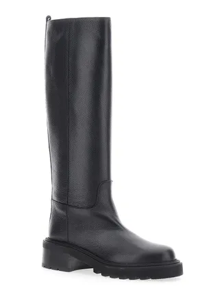Via Roma 15 Womens Black Knee-High Slip-On Boots Grained Leather Cow